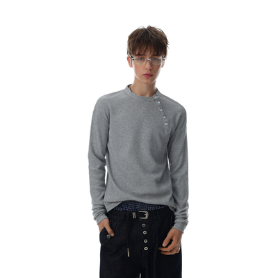 美式复古华夫格亨利领长袖T恤男