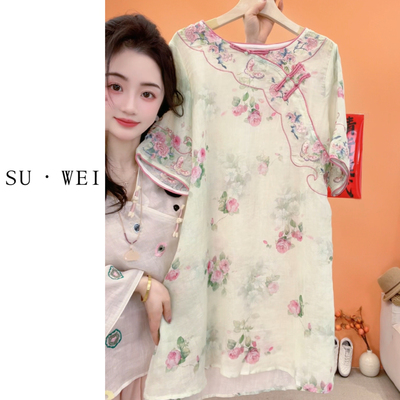 26年新款新中式国风苎麻复古刺绣五分袖斜襟盘扣文艺上衣10192