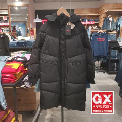 正品Levis李维斯2024年黑色中长款 女士连帽羽绒服外套002PY-0000