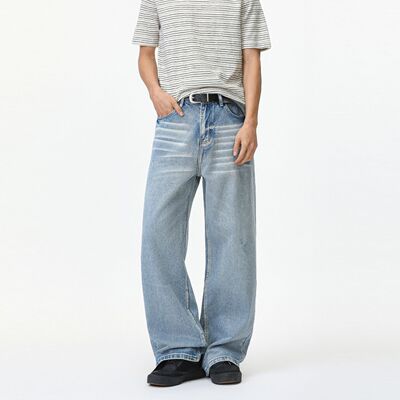 MTLCLOTHES男装韩系vibe水洗折痕纹直筒宽松拖地牛仔长裤休闲百搭
