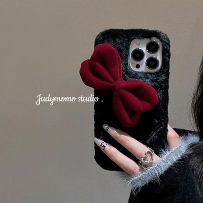 秋冬款毛绒蝴蝶结p60适用华为mate70pro女Pura80手机壳x60i畅享80/70s毛茸茸x70i畅玩60荣耀400/300/200/100