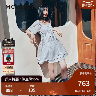 MOUSSY早秋新品甜美收腰一字肩系带条纹连衣裙028ISA33-4051