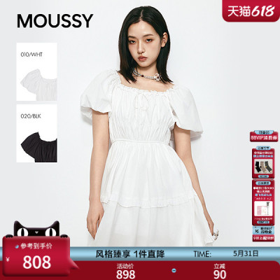 MOUSSY 2026夏季新品甜美风系带一字领泡泡袖连衣裙028JSA33-1012