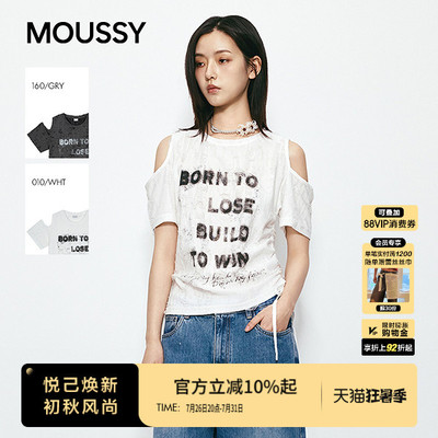 MOUSSY2026夏季新品甜酷风露肩墨痕字母印花短袖T恤028JSA90-1061