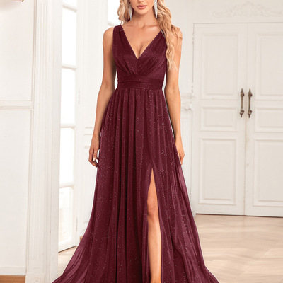 V-Neck Evening Dress Wedding Party Sequins Dress 礼服长裙子