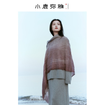 小鹿弥雅新中式渐变紫霞色100山羊绒轻薄保暖围巾披肩秋冬