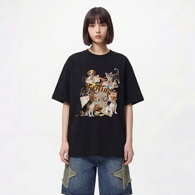 From Mars 突击偷袭 小众设计感圆领猫咪印花宽松休闲短袖T恤百搭