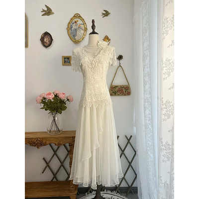 复古轻婚纱蕾丝新娘订婚领证礼服裙小众连衣裙宴会少女法式出门纱
