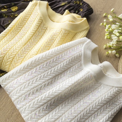 blingbling爆美！莱赛尔镂空勾花麻花圆领泡泡袖针织衫短袖t恤女