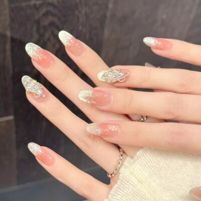 亮片粉橙渐变闪粉穿戴甲