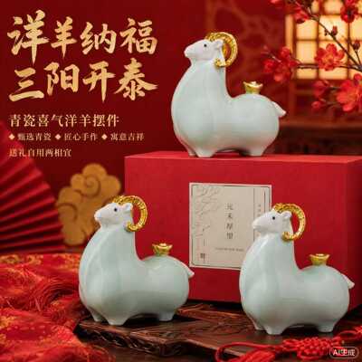 创意羊年摆件三羊开泰陶瓷招财生肖羊摆件玄关装饰吉祥物乔迁礼品