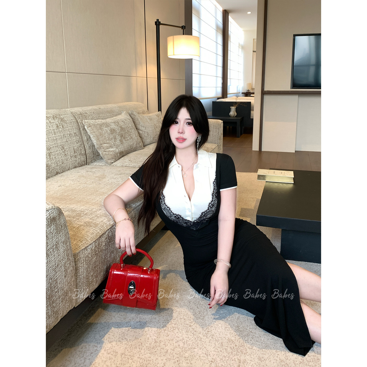Babes【黑白香榭】大码胖mm法式假两件高端气质遮肉包臀连衣裙女