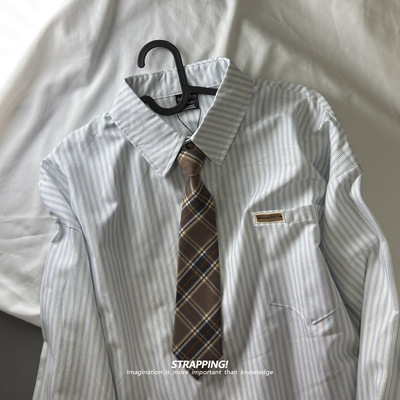 STRAPPING棉麻竖条纹学院风领带INS长袖衬衫港风复古日系男女春秋