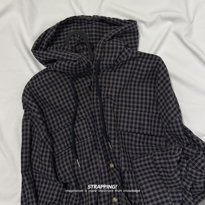STRAPPING连帽口袋小格子全棉长袖衬衫港风复古日系男女春秋