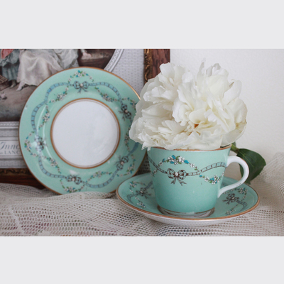 BonheurAntique 英国minton 珐琅彩绘 蓝蝴蝶结花蔓 古董杯碟盘组