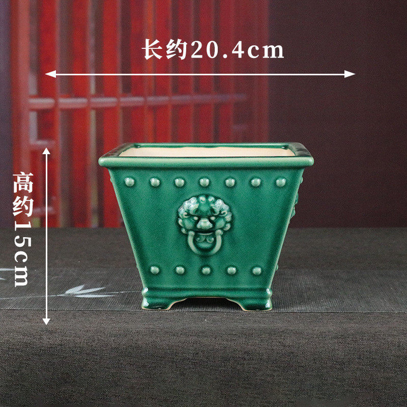 yzfd19盆景花盆张治诚桌面四方兽头鼓钉彩绘浮雕复古中号装饰