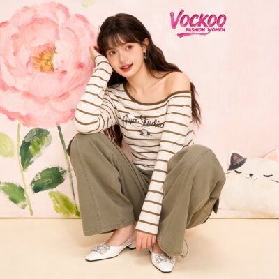 商场同款26春Vockoo缰绳烫钻白棕绿色条纹斜肩长袖T恤女11001163R