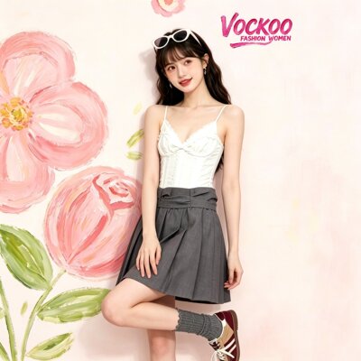 商场同款26夏Vockoo甜美优雅时尚褶皱胸衣吊带连体衣裙子DFTO05L