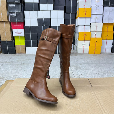 圆头纯色粗低跟皮带扣侧拉链长靴