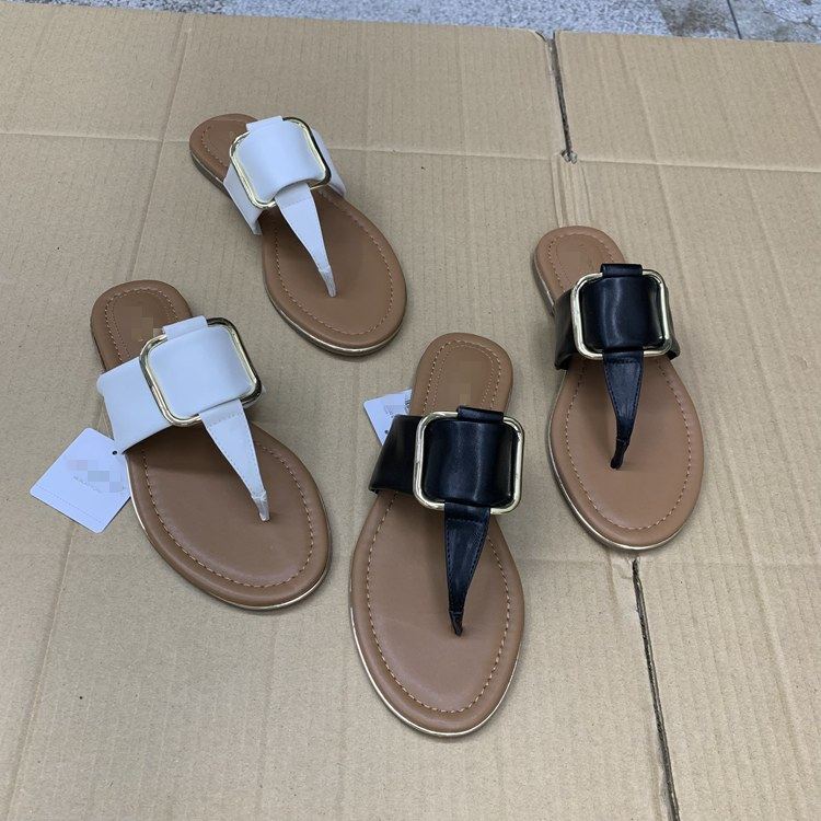 外贸原单平底平跟休闲时尚拼色一脚蹬夹趾拖金属方扣欧美风女凉鞋