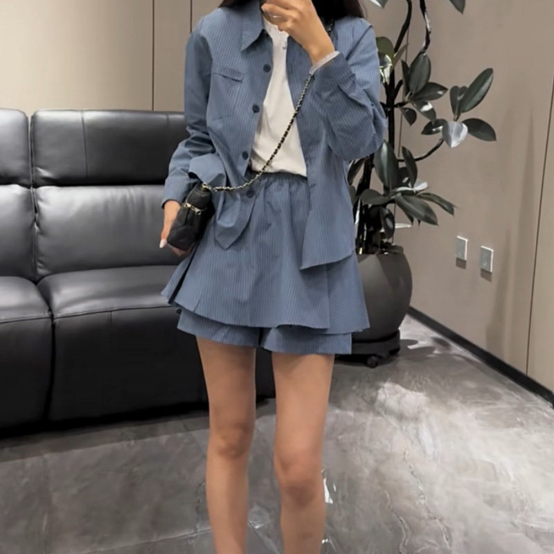 欧美长袖百搭上衣荷叶短裤宽松休闲时尚套装陈思思T恤裤裙三件套