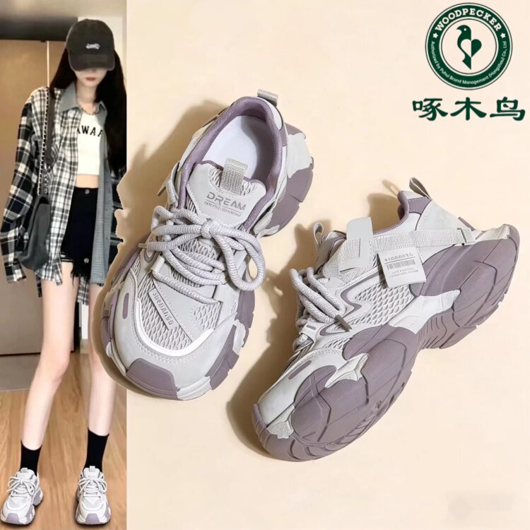 啄木鸟2026超火厚底老爹鞋女春夏新款休闲运动鞋网面透气复古潮鞋