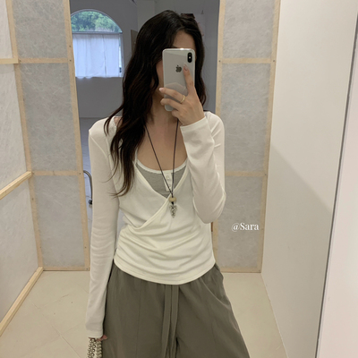 SARA-薄雾初夏挂脖两件套长袖T恤修身上衣针织衫(两件套)-8006