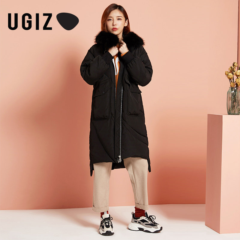 UGIZ冬季新品韩版女装中长款纯色修身连帽毛领羽绒服女UDYD707_虎窝淘