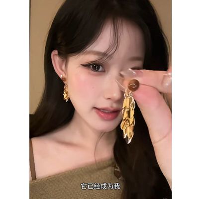 金色羽翼~美拉德虎眼石麦穗流苏耳环女秋冬高级感823