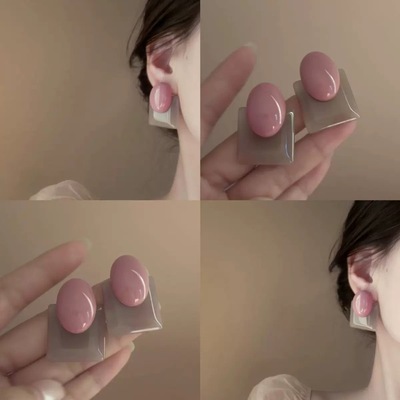 玫瑰粉小众设计法式复古树脂撞色方形耳环高级感仙气质港风耳钉女