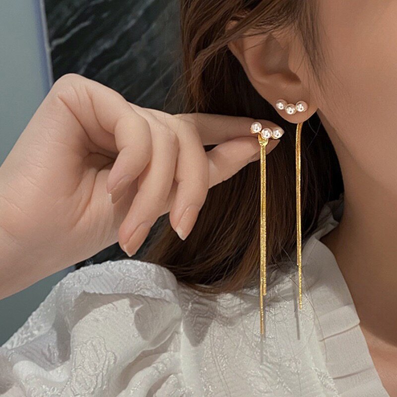 一款两戴式珍珠流苏耳环女批发气质长款流苏显脸瘦925银针耳饰品