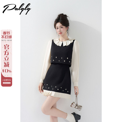 法式赫本风圆领假两件黑色连衣裙