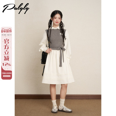 高级感法式假两件针织长袖连衣裙