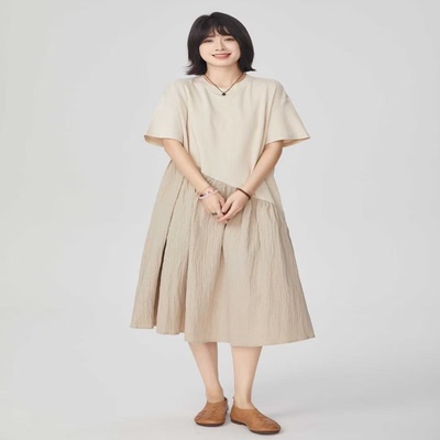 翠色嘉人2026夏季新款简约宽松大码纯棉圆领短袖连衣裙女55010