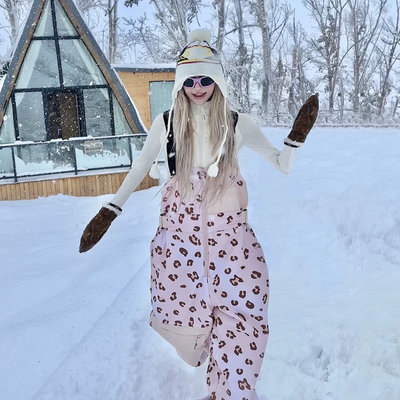 将军山滑雪服租赁，QLeo豹纹背带裤女专业加绒防水套装，有棉卫衣