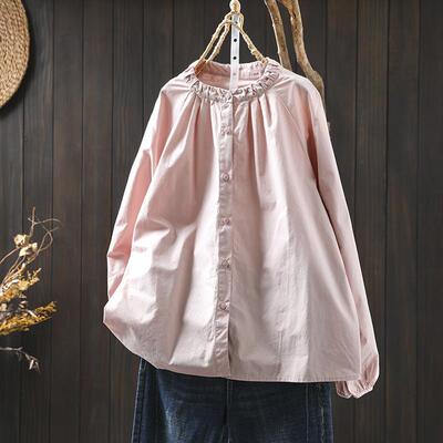 粉色纯棉长袖衬衫女士设计感小众2026春季新款宽松大码法士上衣潮