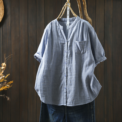 蓝色纯棉小V领千鸟格衬衫五分袖女夏2026宽松休闲小个子短袖上衣