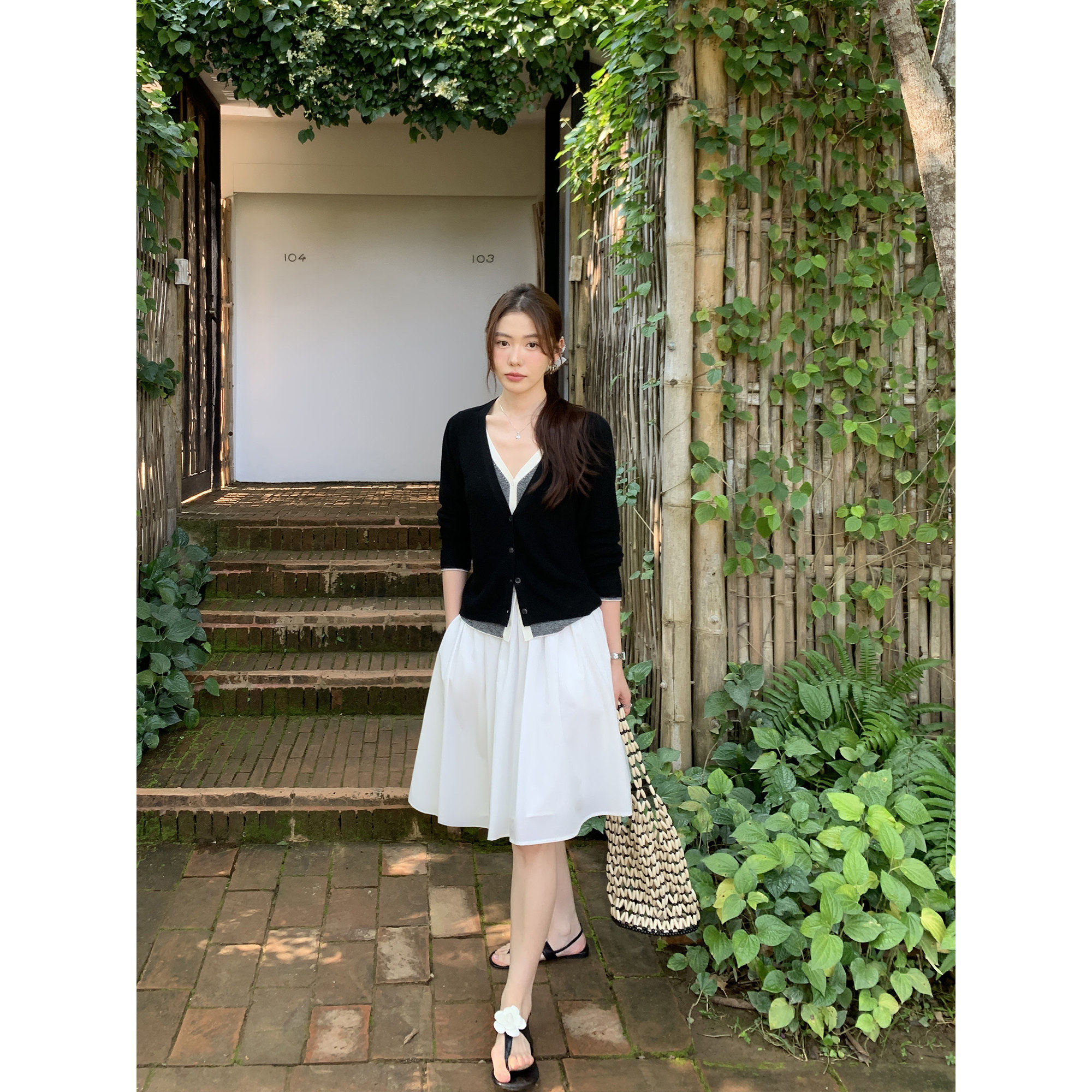 pusumede 白色伞裙高腰半身裙女气质a字裙宽松休闲 简约百搭裙子