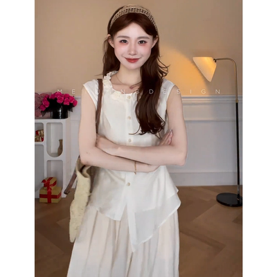 parkyeon夏日风减龄立体花朵无袖衬衫上衣女高腰显瘦阔腿裤套装