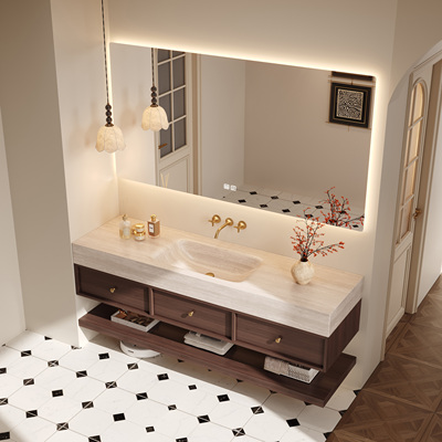 中古风岩板热弯无缝一体盆浴室柜组合卫生间洗漱台洗脸盆浴室柜