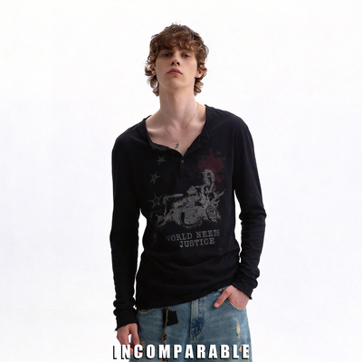 王橹杰同款复古直喷印花长袖T恤