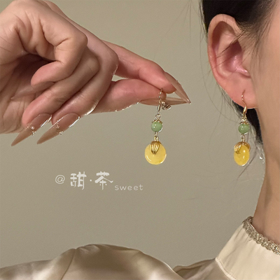 新中式国风耳环女黄色玉环吊坠