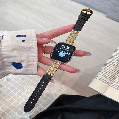 适用苹果s10手表带se45678镶钻不规则荔枝纹小米9pro手环10红米45