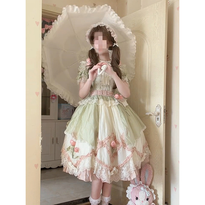 绿粉花朵优雅华丽大小姐OP连衣裙