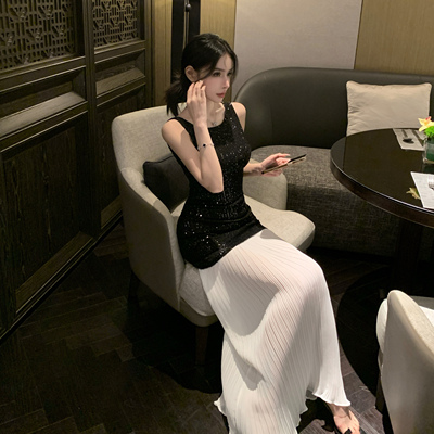 SHINESTING【黑色天鹅】亮片露背长裙女拼接压褶长款连衣裙