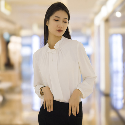 白领白色前压花立领长袖衬衫