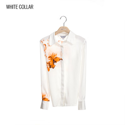 白领方领暗门襟长袖衬衫真丝