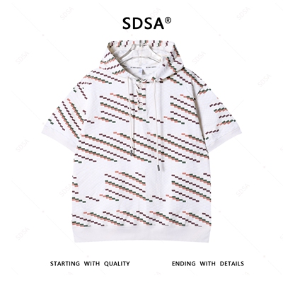 SDSA夏季新款男士痞帅撞色格子半纽扣连帽短袖T恤休闲潮流T4253