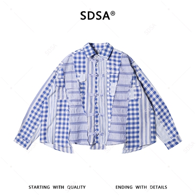 SDSA男装2026新款轻奢美式宽松拼接撞色格子衬衫一字扣设计百搭