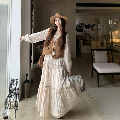 旅游拍照连衣裙复古马甲两件套